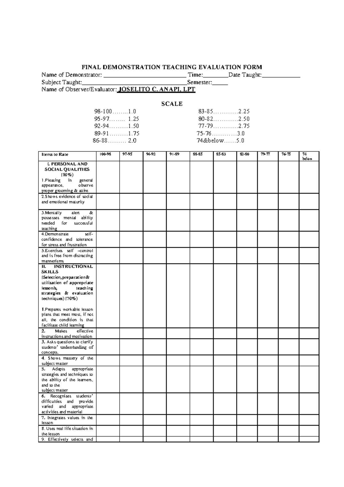 Evaluation FORM FOR DEMO Teaching GMRC - FINAL DEMONSTRATION TEACHING EVALUATION FORM Name of ...