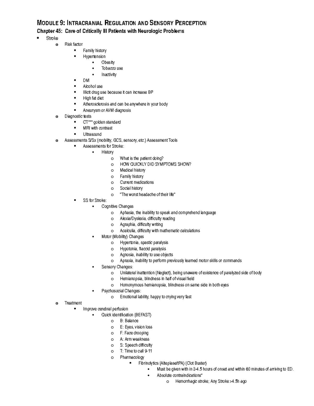 Module 9 and 10 - notes - MODULE 9: INTRACRANIAL REGULATION AND SENSORY ...