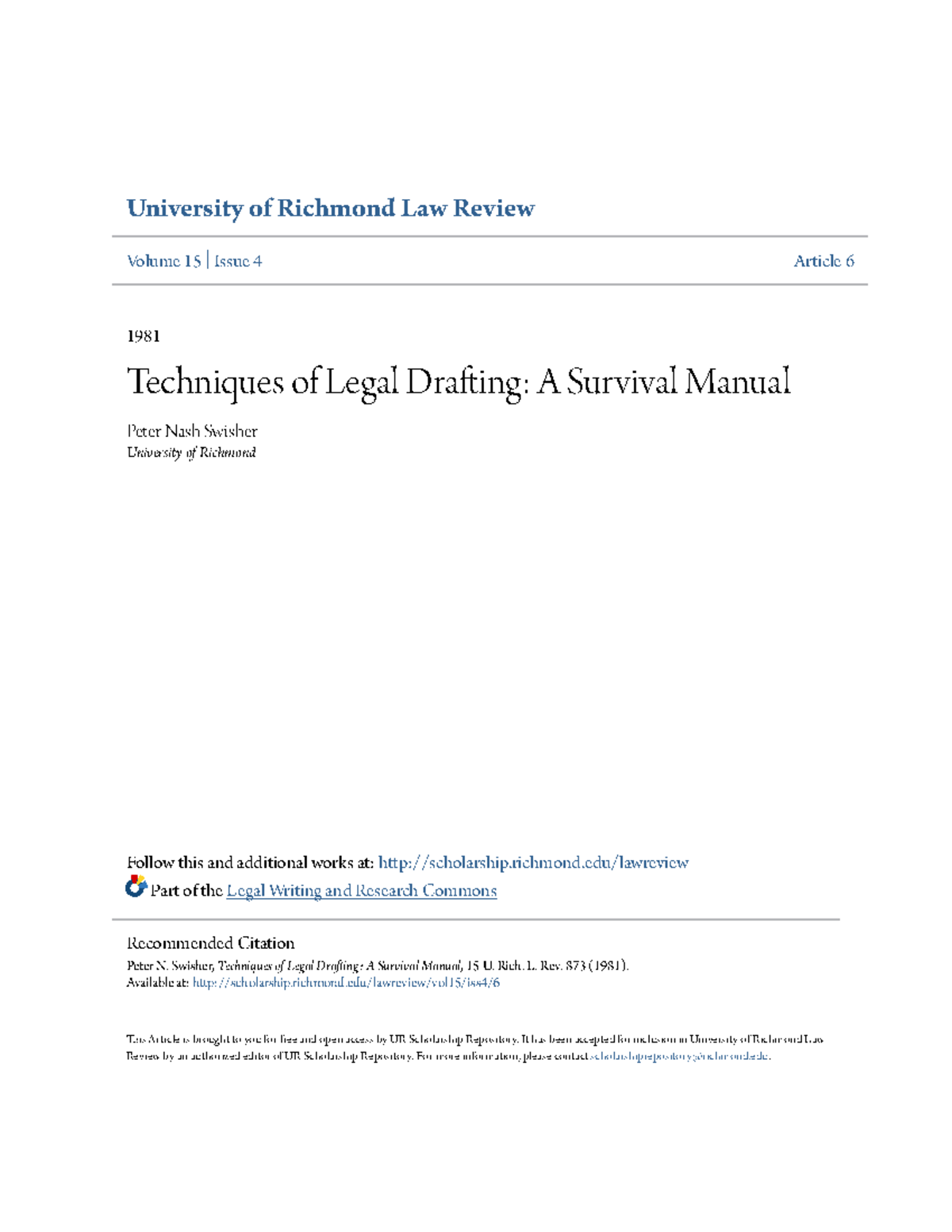 Techniques of Legal Drafting A Survival Manual - University of Richmond ...