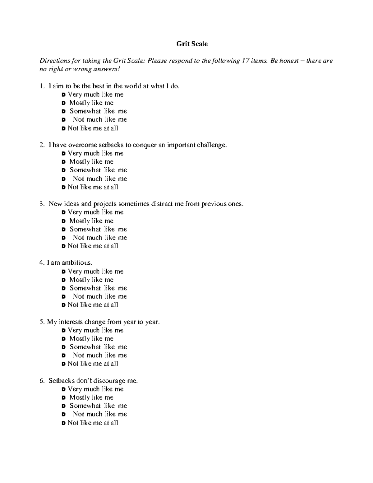Grit and Ambition Questionnaire 002 - Grit Scale Directions for taking ...