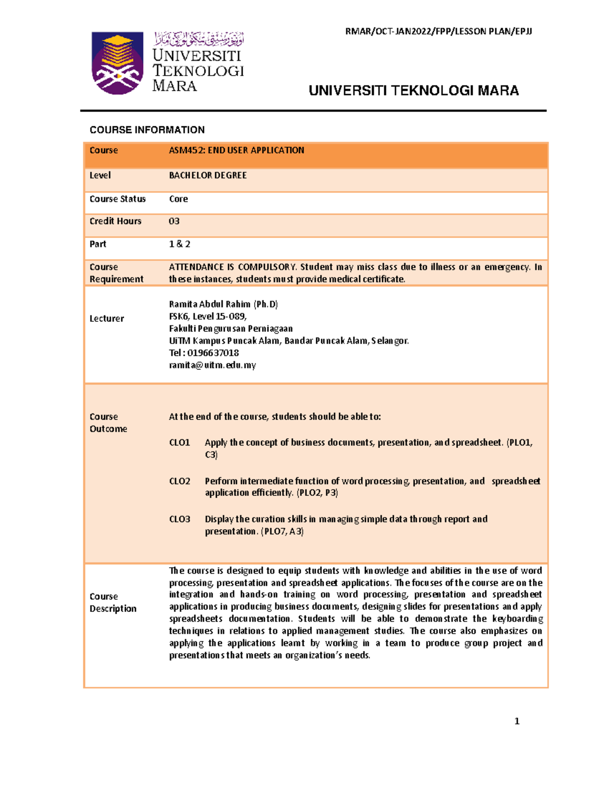 EPJJ Lesson PLAN ASM452 October 2021 - UNIVERSITI TEKNOLOGI MARA COURSE ...