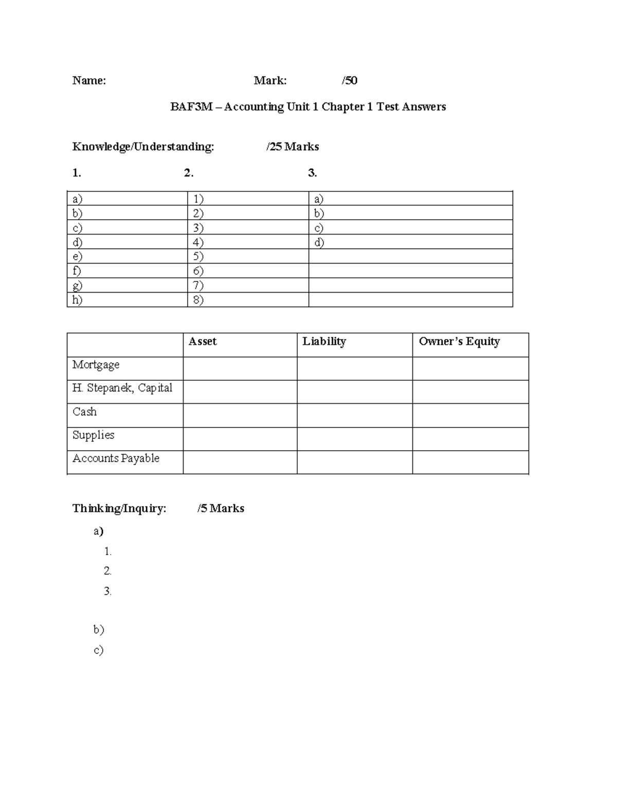 Ch01 answer sheet - Name: Mark: / BAF3M – Accounting Unit 1 Chapter 1 ...