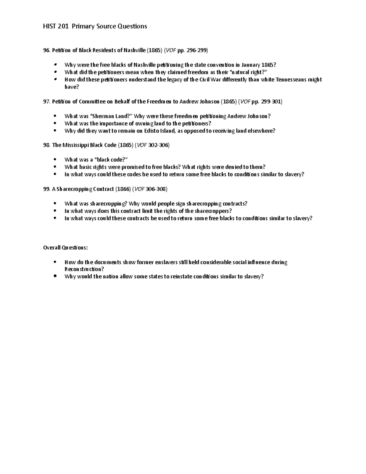 Questions for Freedom primary documents - HIST 201 Primary Source ...