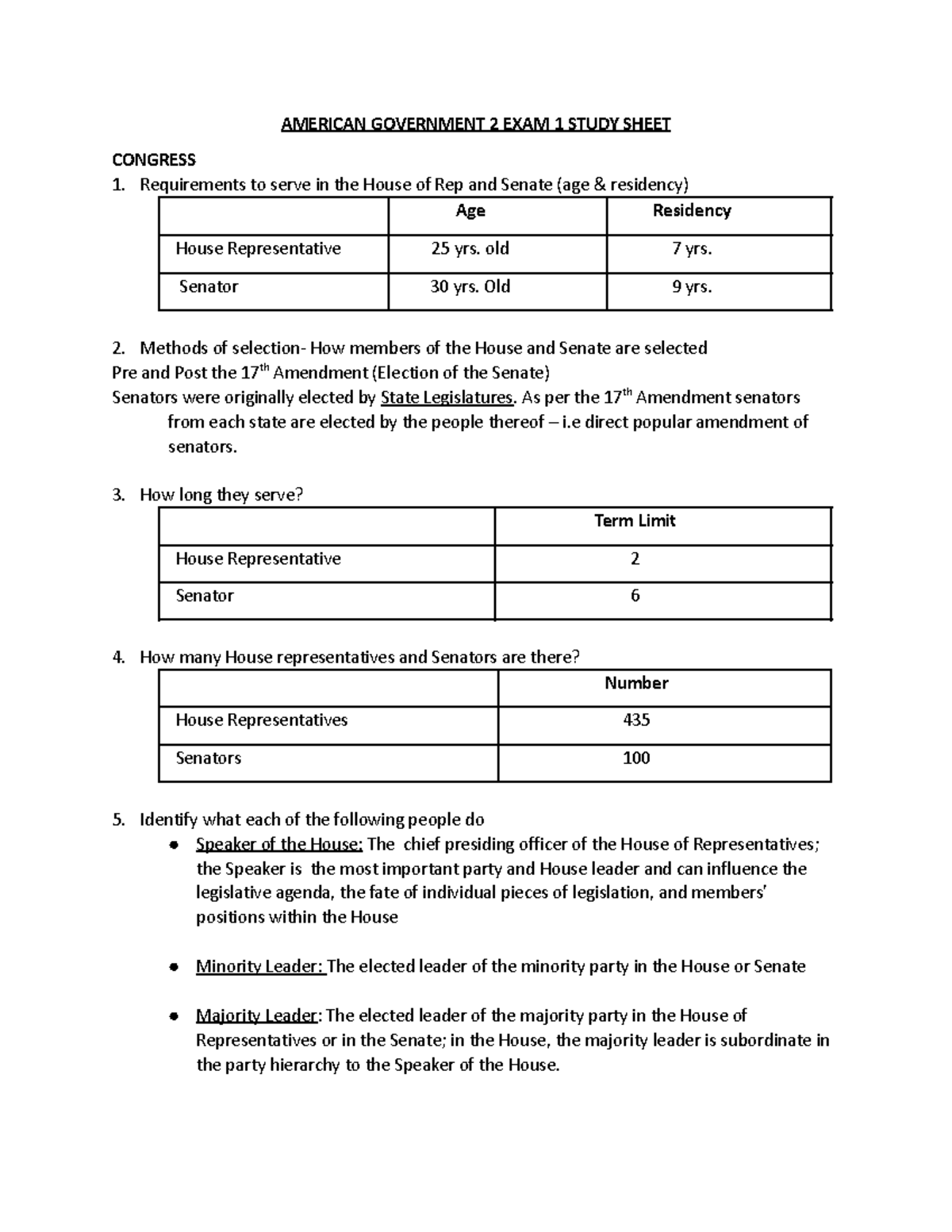 Exam 1 Study Sheet - AMERICAN GOVERNMENT 2 EXAM 1 STUDY SHEET CONGRESS ...