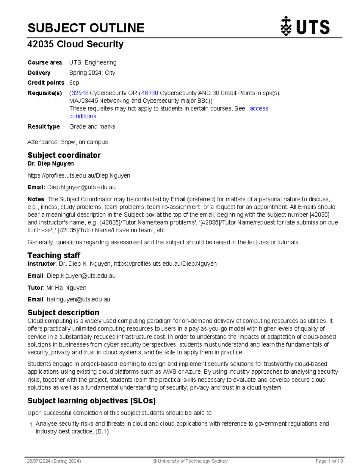 Cloud Security Subject Outline - SUBJECT OUTLINE 42035 Cloud Security ...