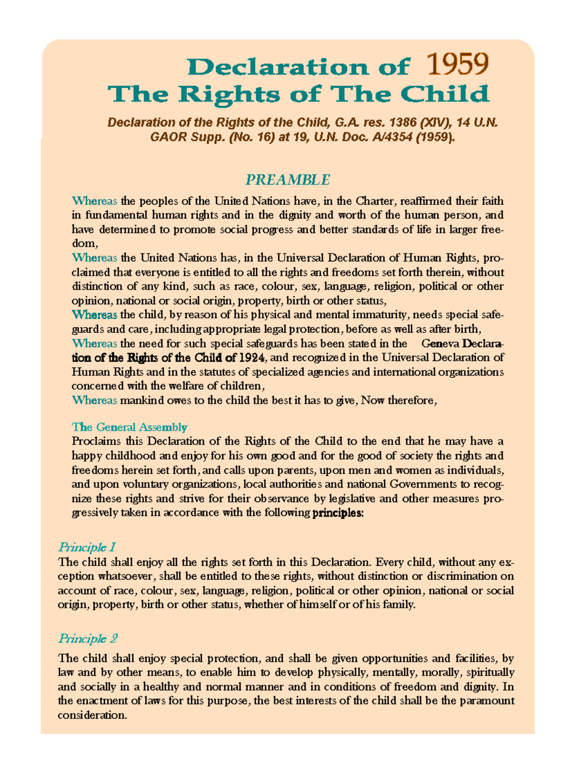 UN Declaration Of The Rights Of The Child - PREAMBLE ...