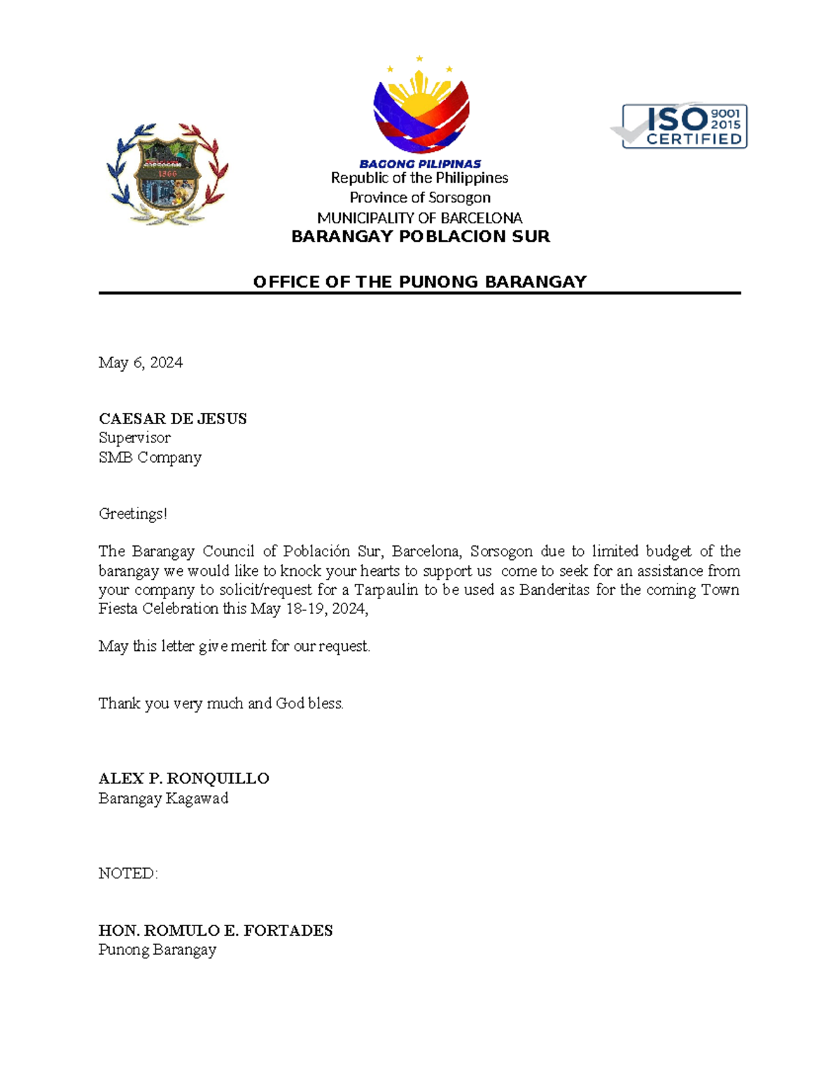 Central letter for banderitas - Republic of the Philippines Province of ...