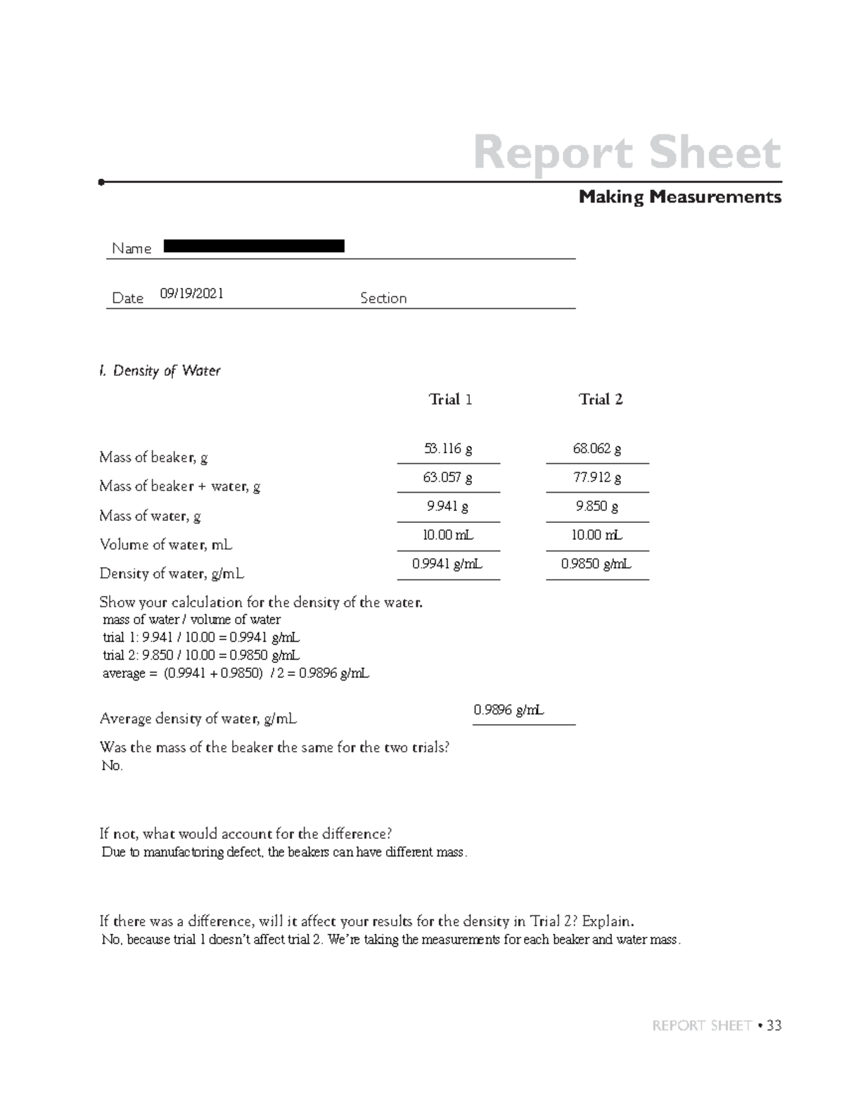 Making Measurements - REPORT SHEET • 33 Report Sheet Making ...