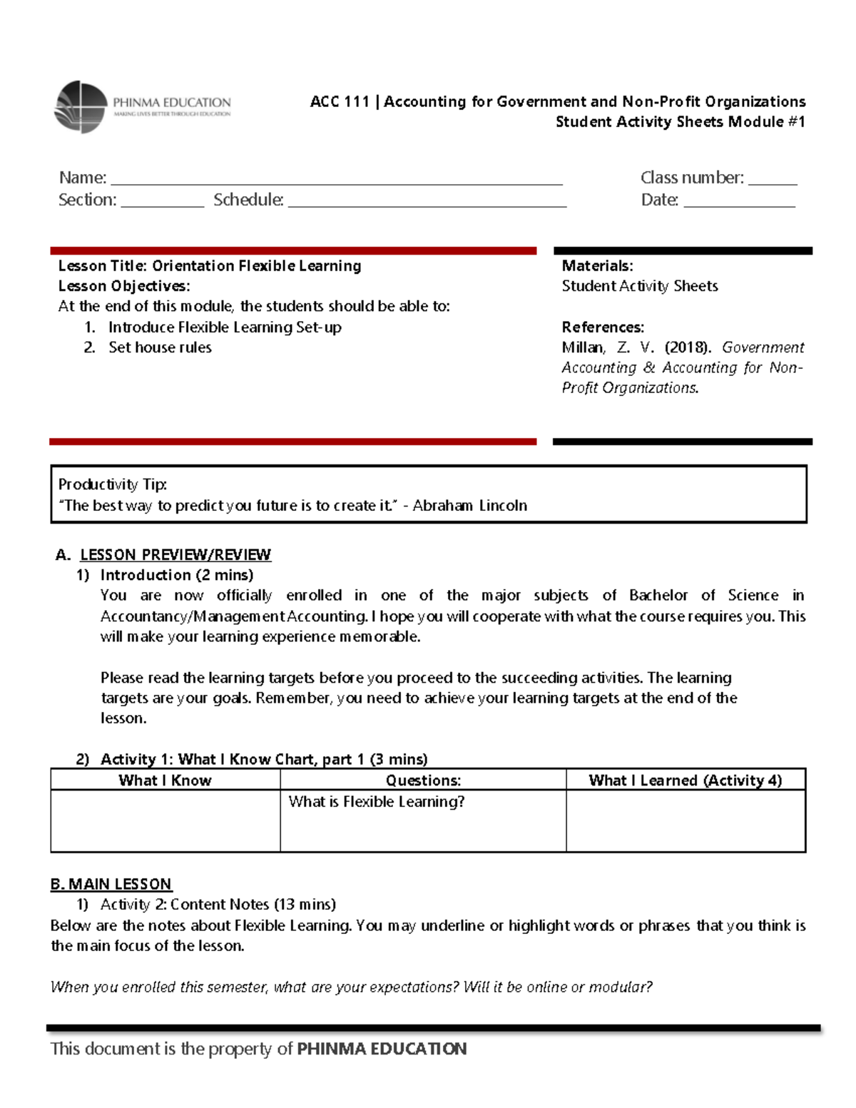 ACC 111 Merged Complete - Student Activity Sheets Module # Name: - Studocu