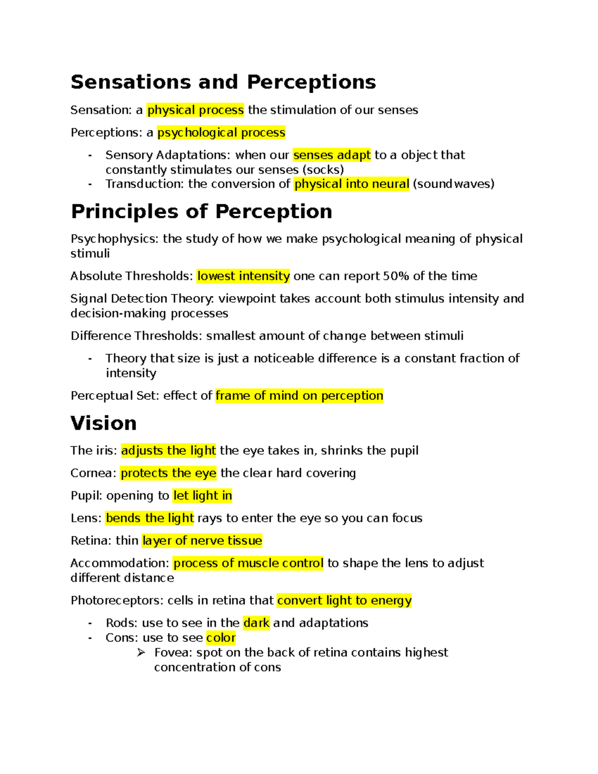 Sensations and Perceptions - Sensations and Perceptions Sensation: a ...