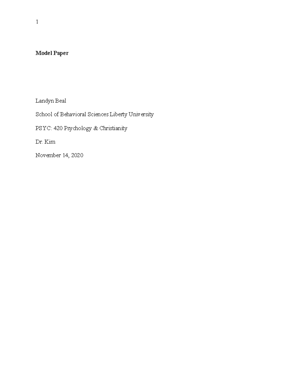 Model Paper - Grade: A - Model Paper Landyn Beal School of Behavioral ...