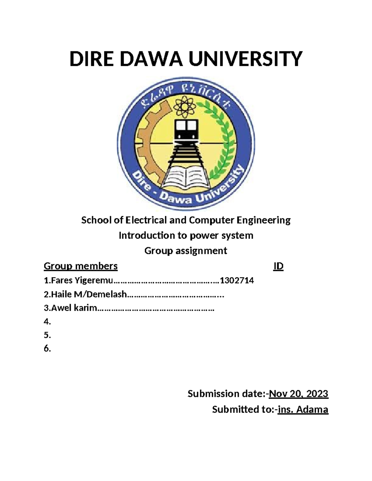 Power assignment - DIRE DAWA UNIVERSITY School of Electrical and Computer Engineering ...