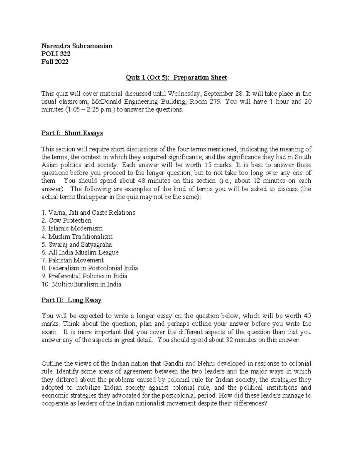 Quiz 1 prep sheet - Narendra Subramanian POLI 322 Fall 2022 Quiz 1 (Oct ...