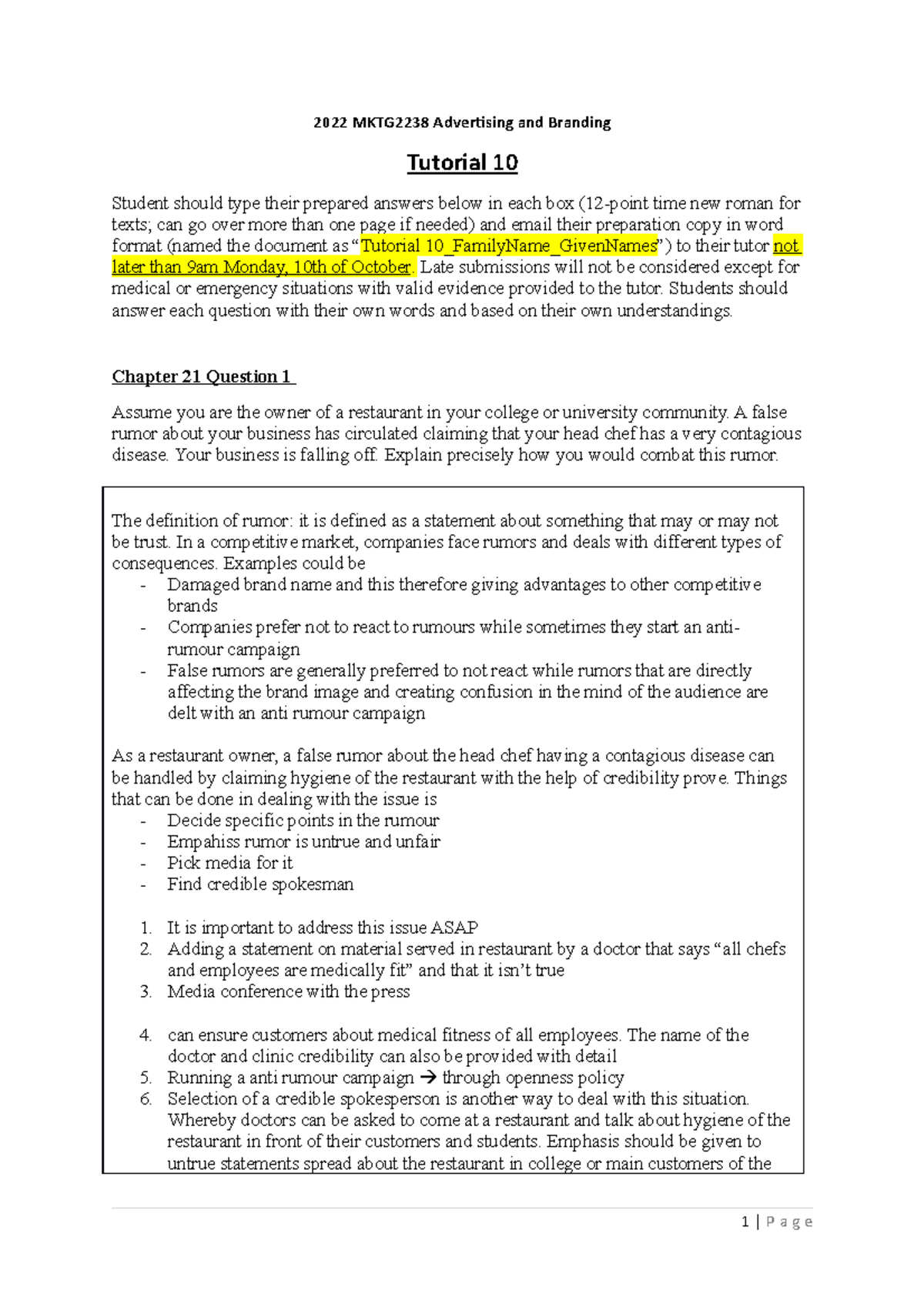 Tutorial 10 MKTG2238 - 2022 MKTG2238 Advertising and Branding Tutorial ...