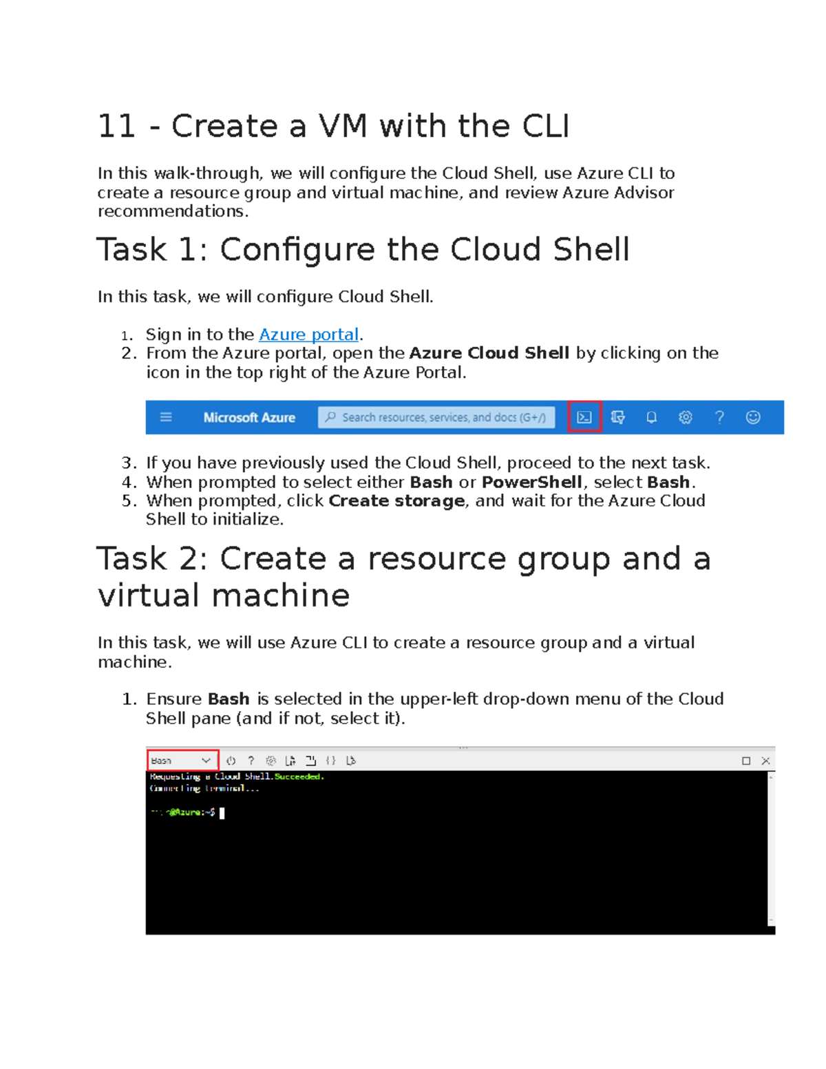 11 - Create a VM with the CLI - Task 1: Configure the Cloud Shell In ...