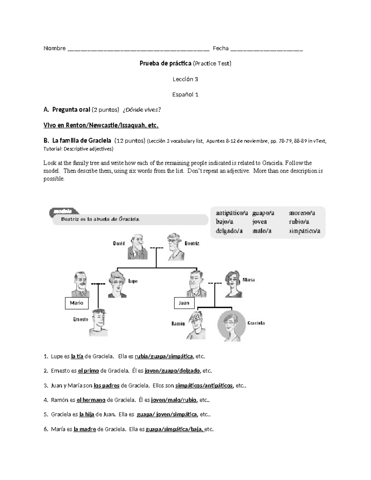Prueba de practica Leccion 3 (with answers) - Nombre ...