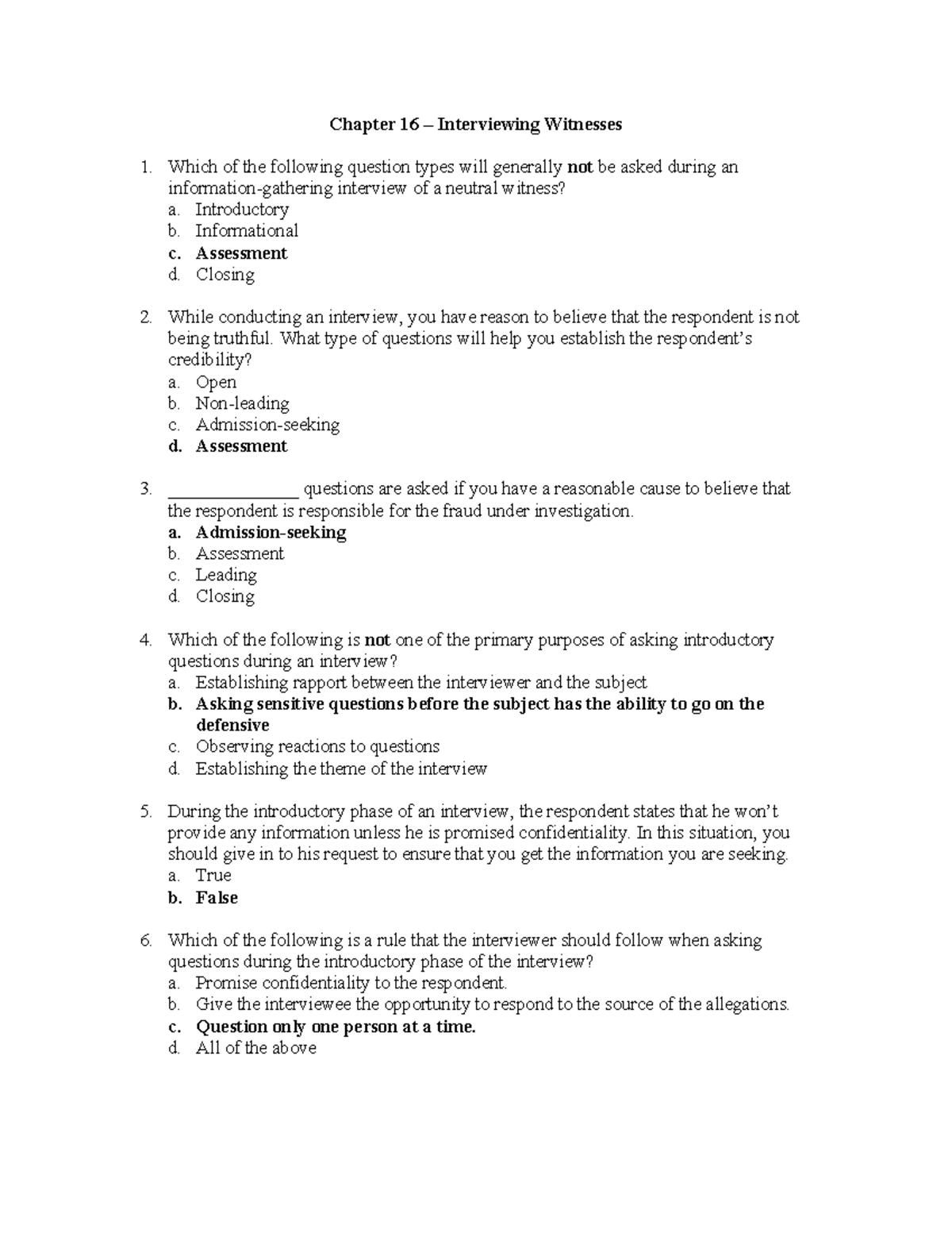Ch16 - Question bank chapter 16 - Chapter 16 – Interviewing Witnesses ...