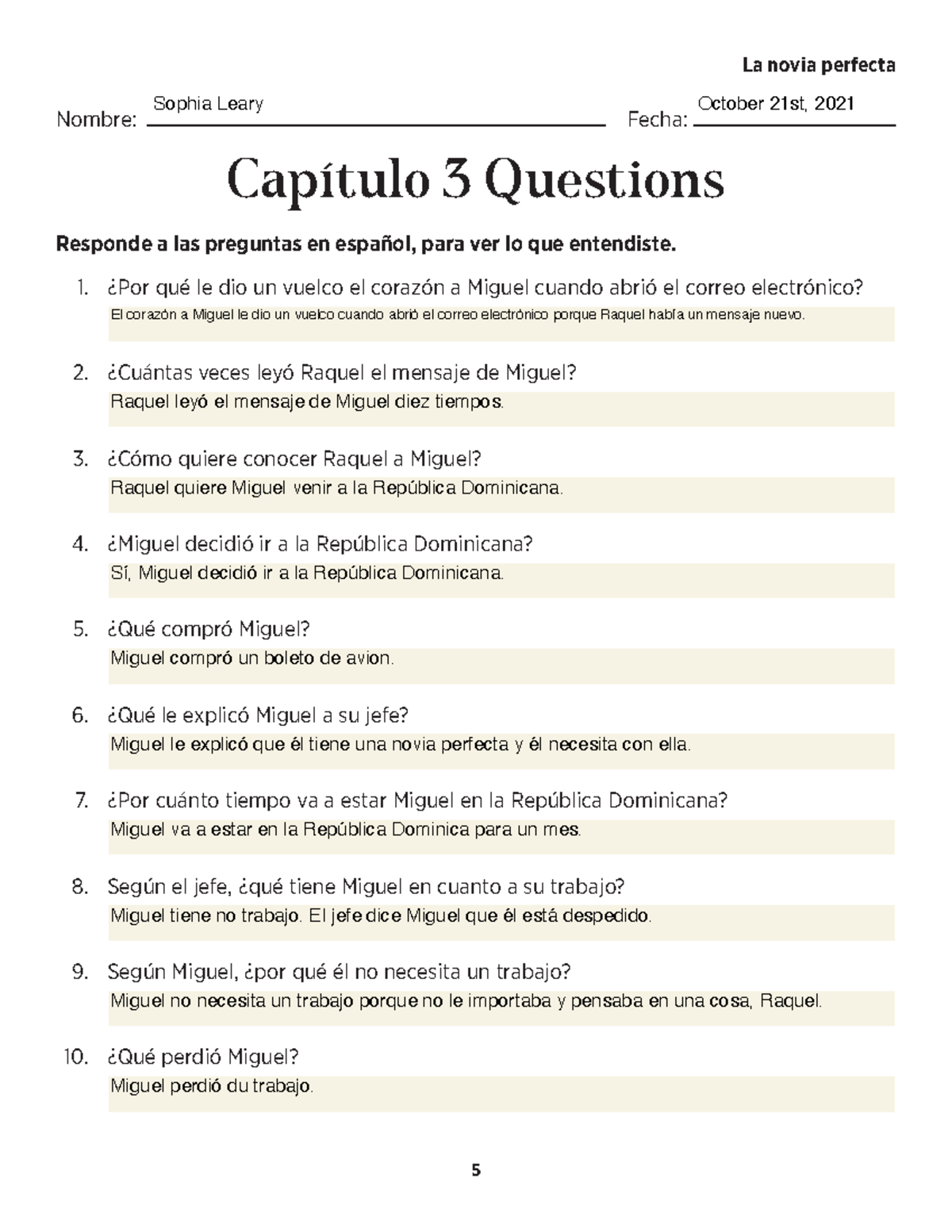 Spanish Homework- La Novia Perfecta Ch3 - 5 La novia perfecta Nombre ...