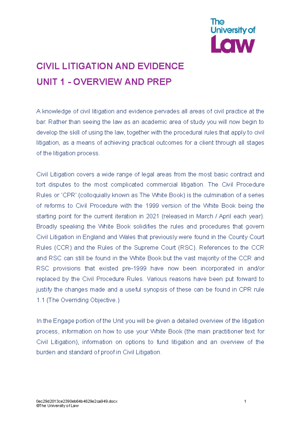 1. UNIT PLAN - Overview and Prep of Unit 1 of the Civil Litigation and ...