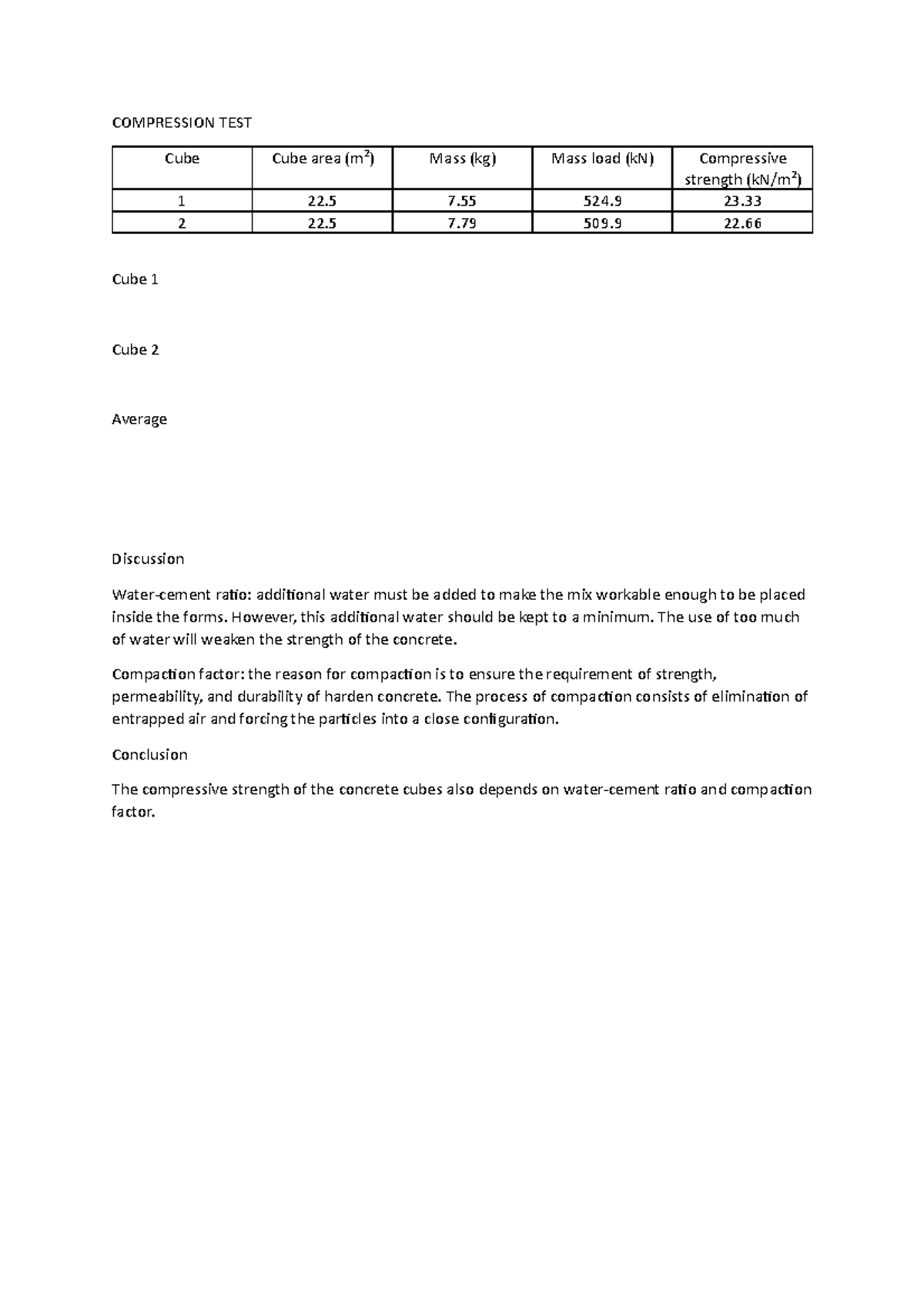 Compression TEST - test - COMPRESSION TEST Cube Cube area (m 2 ) Mass ...