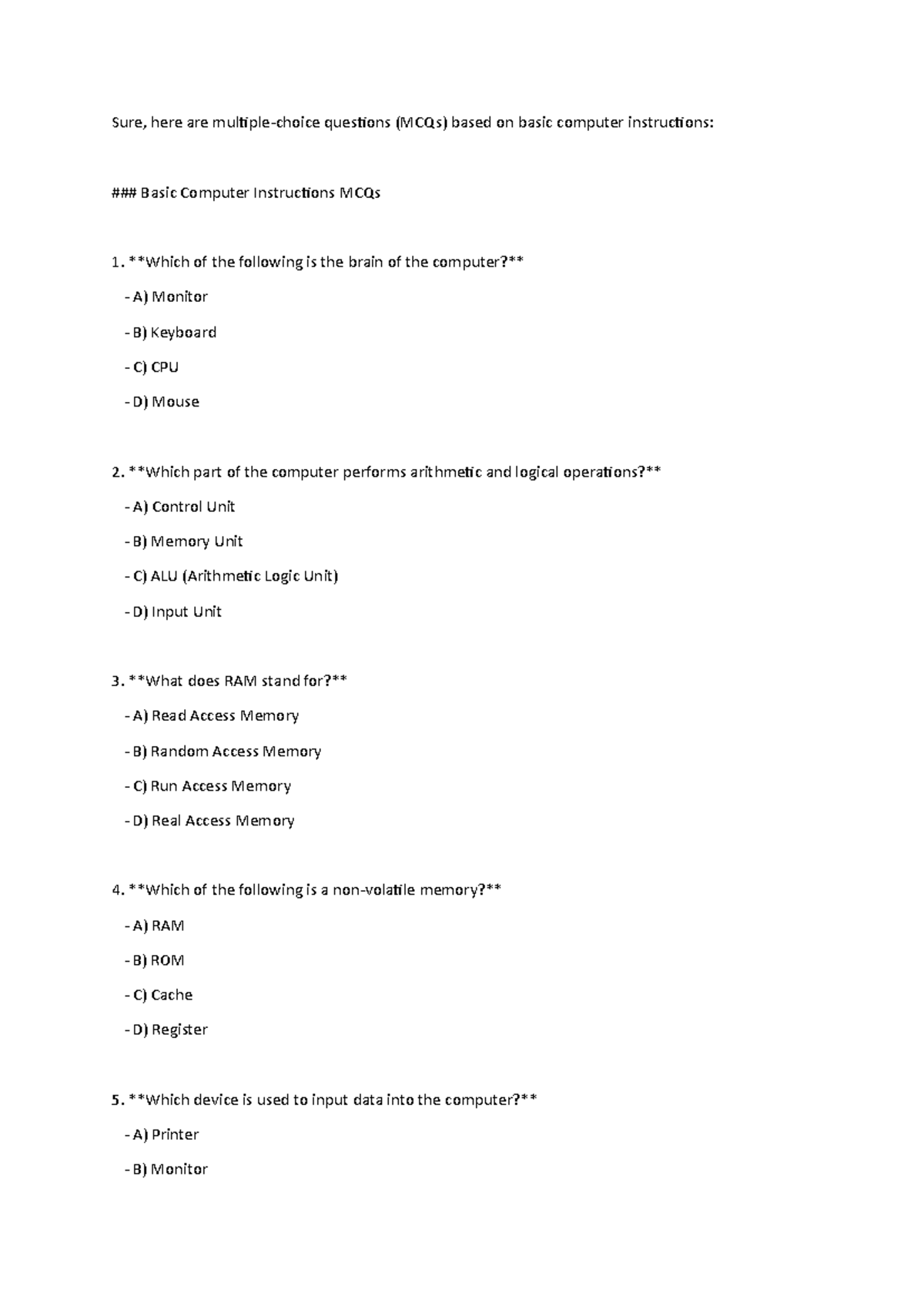 C Programming Language Sure Here Are Multiple Choice Questions Mcqs Based On Basic Computer