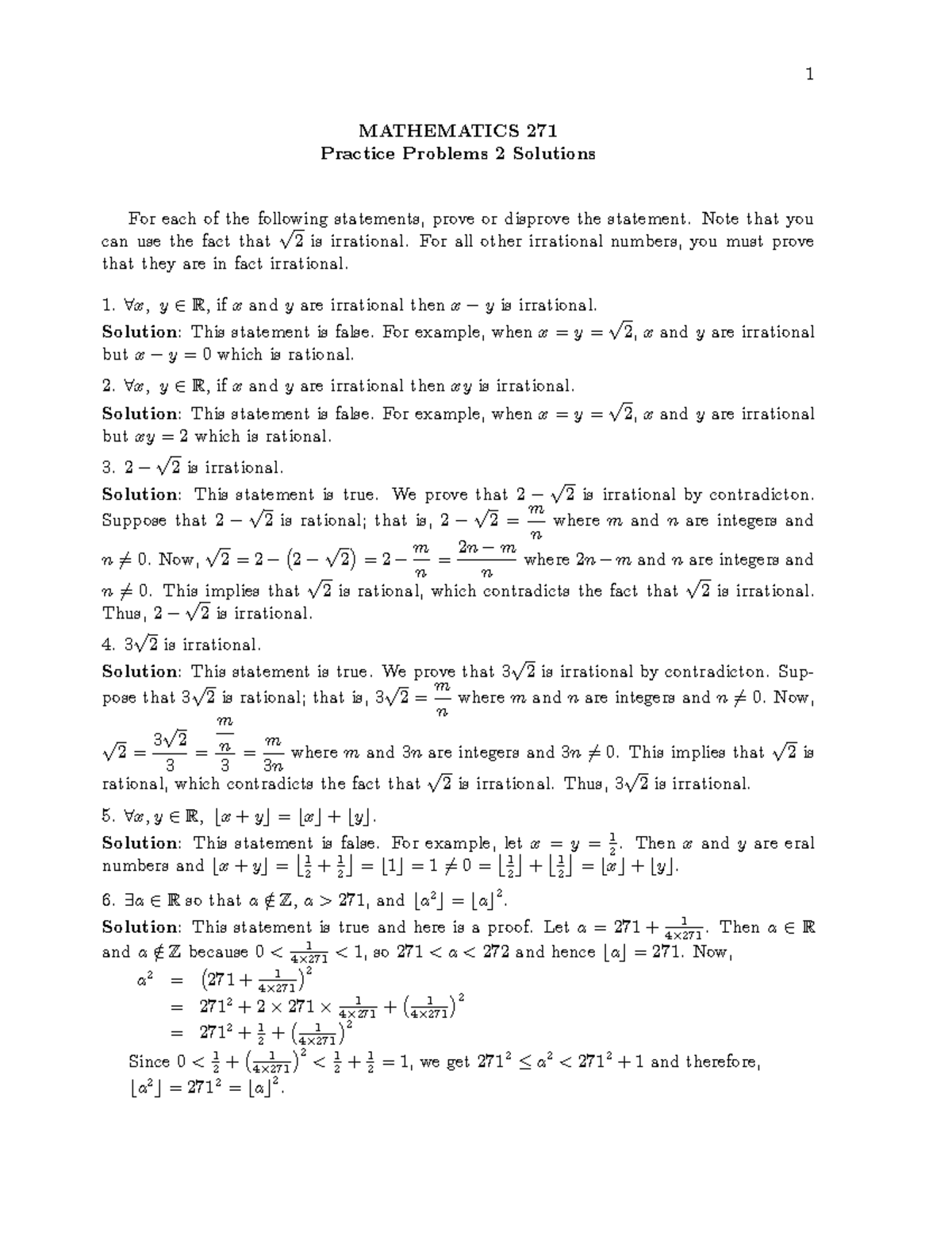 Solutions to Sample Practice Questions for Exam 2 - 1 MATHEMATICS 271 ...