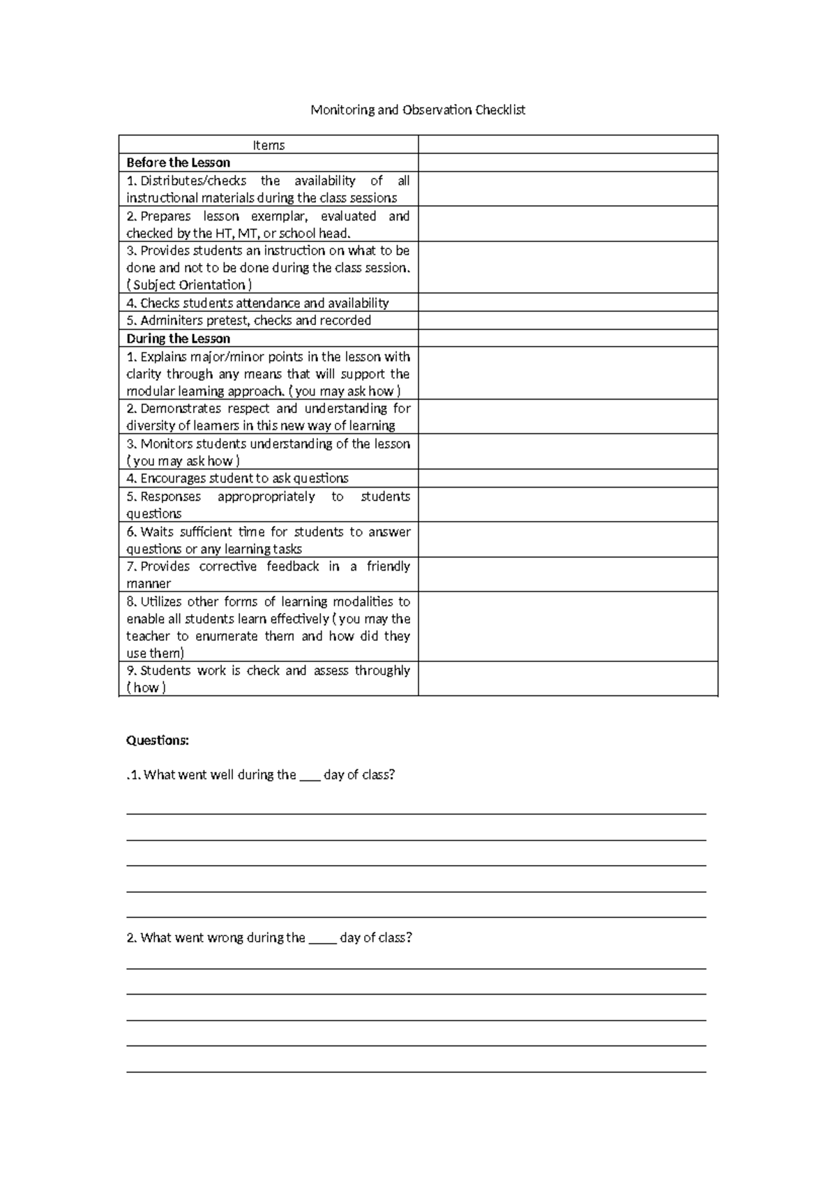 Monitoring and Observation Checklist - Monitoring and Observation ...