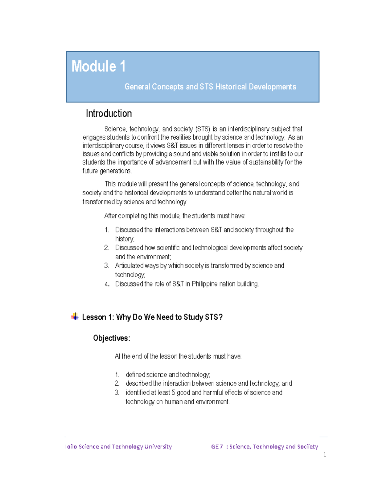 Module-1-STS - For additional information about sts - Ioilo Science and ...