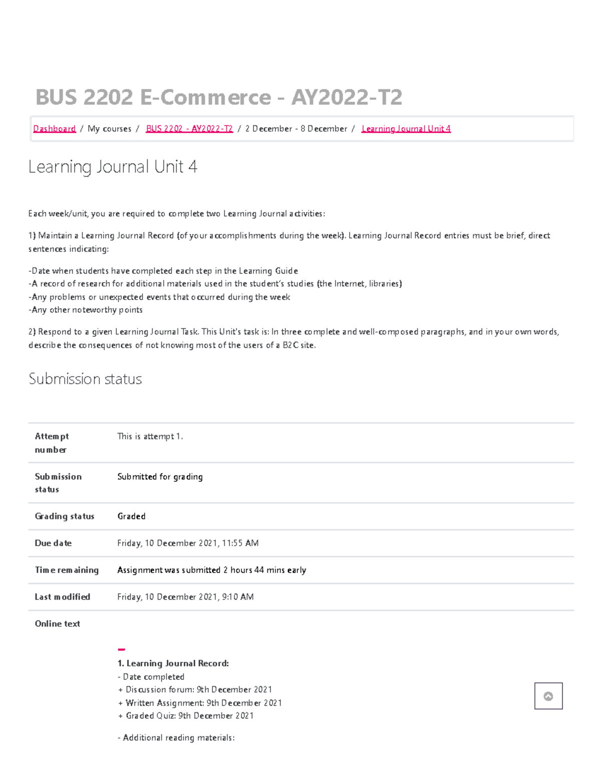 Learning Journal week 4 BUS 2202 - AY2022-T2 Learning Journal Unit 4 - BUS 2202 E-Commerce ...