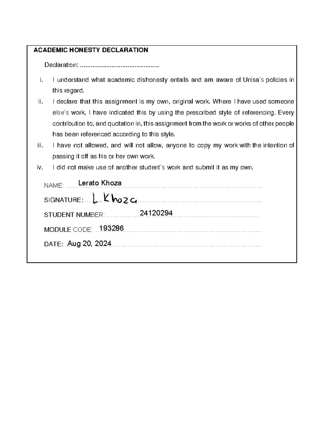 Academic Honesty Declaration - ACADEMIC HONESTY DECLARATION Declaration ...