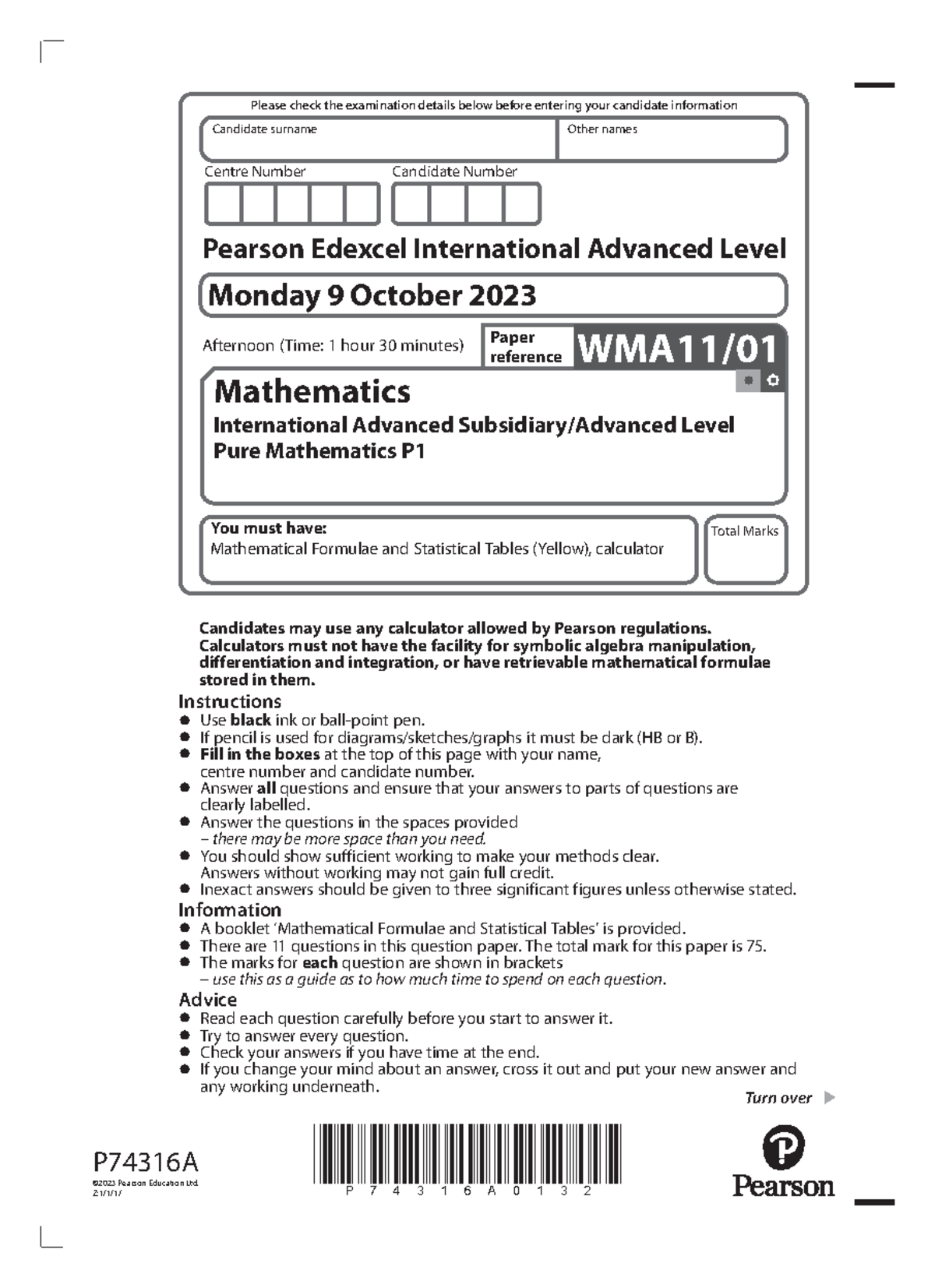 Edexcel Maths P1 2023 Oct - P74316A0132 Turn over Please check the ...