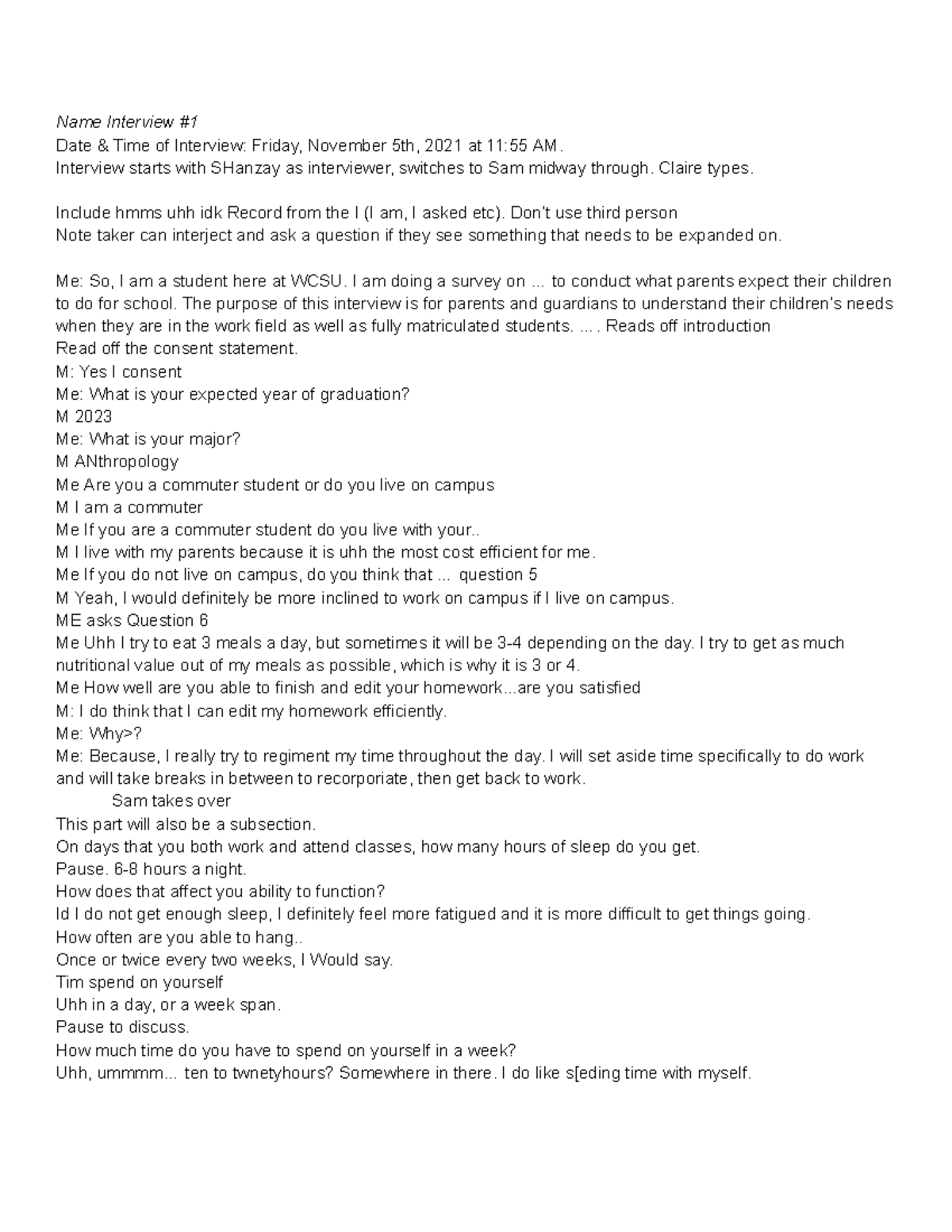 SS 201 Project 3 Interview Notes - Google Docs - Name Interview # Date ...