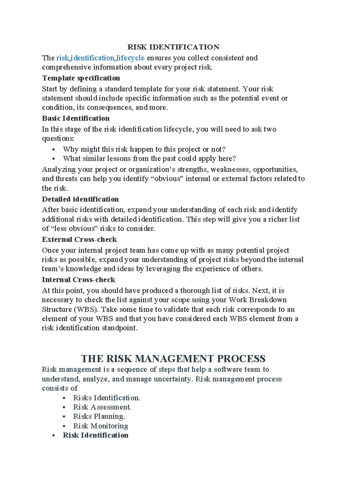 Unit 3 topic risk - notes of spm unit 3 - RISK IDENTIFICATION The risk ...