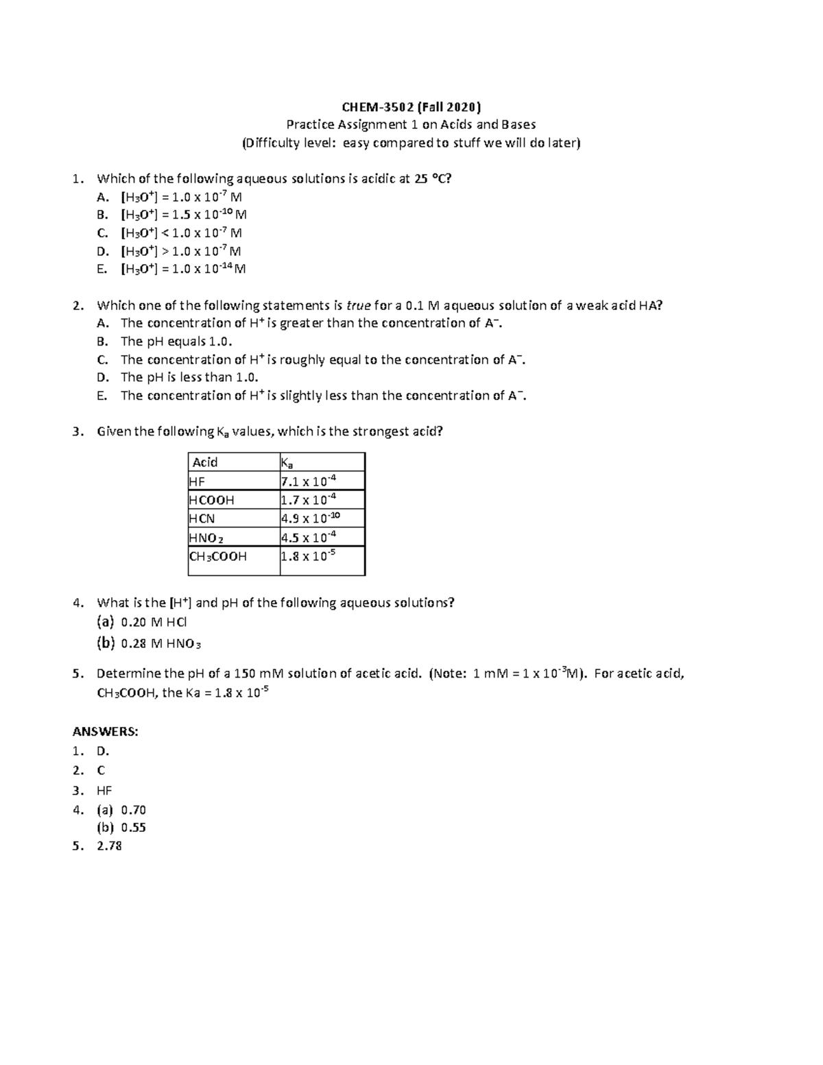 Practice Assignment-F2020-Acids and Bases-1 - CHEM-3502 (Fall 2020) Practice Assignment 1 on ...