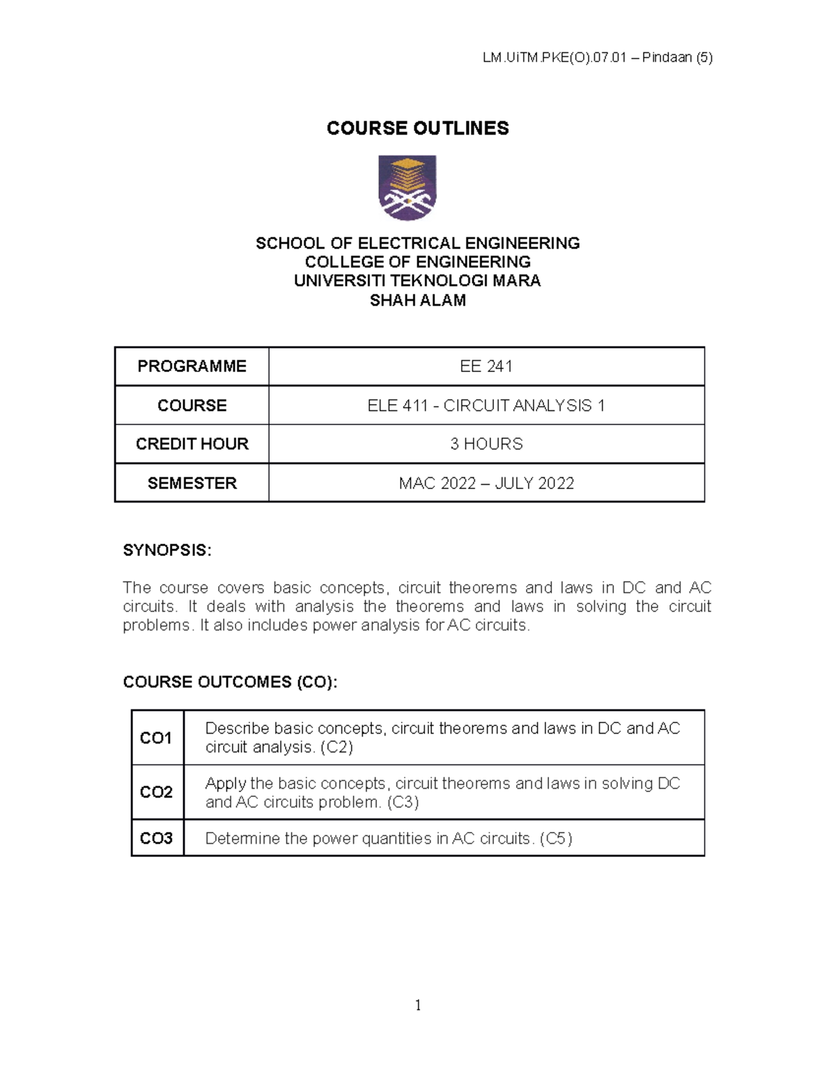 Course Outlines ELE411 - COURSE OUTLINES SCHOOL OF ELECTRICAL ...