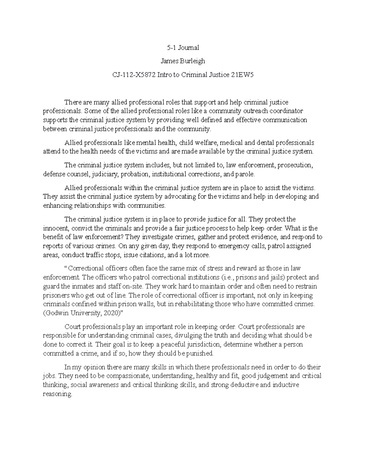 5-1 Journal - allied professional roles - 5-1 Journal James Burleigh CJ ...