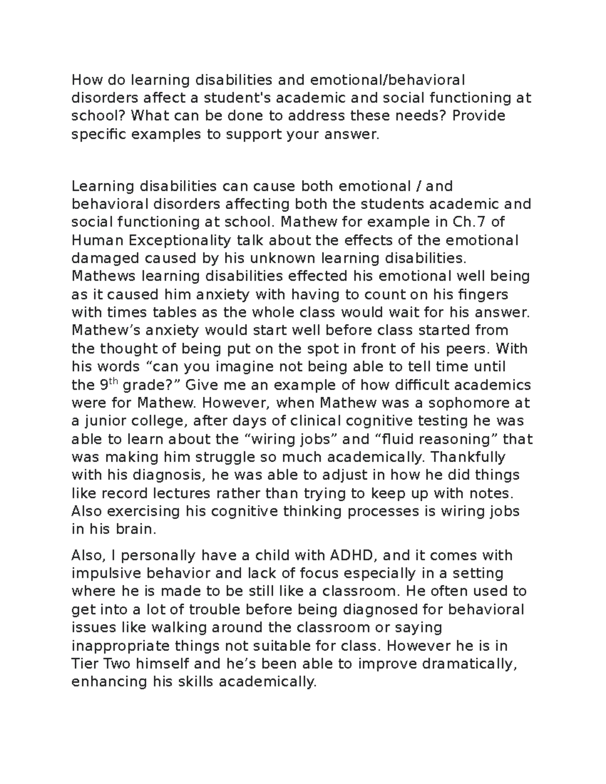 course work assignment - How do learning disabilities and emotional ...