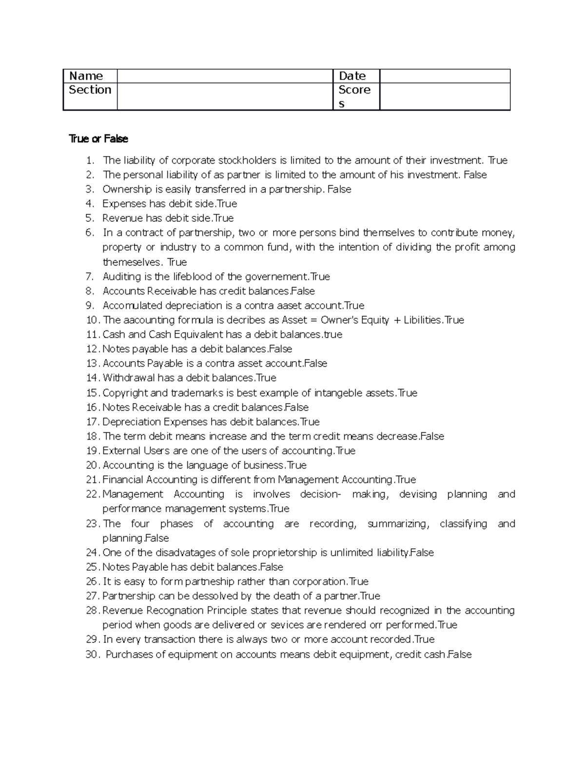 Activities, Forms and Information - Name Date Section Score s True or ...