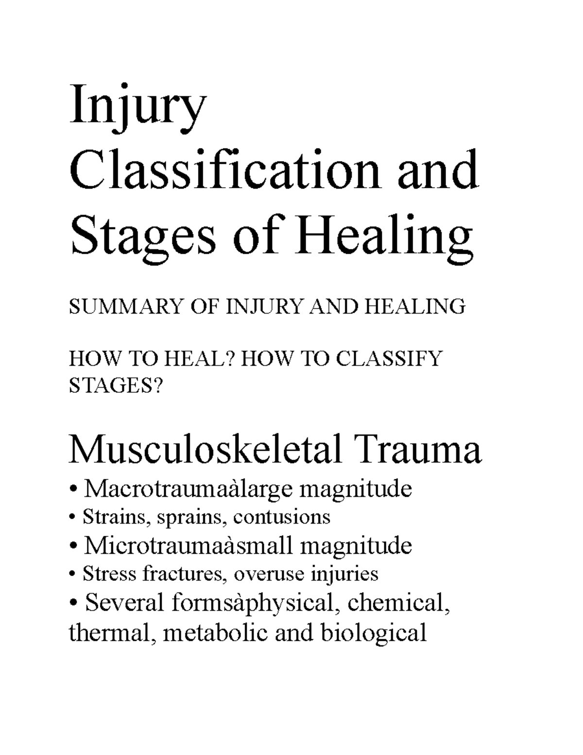 Injury Classification - 01 SUM - Injury Classification and Stages of ...