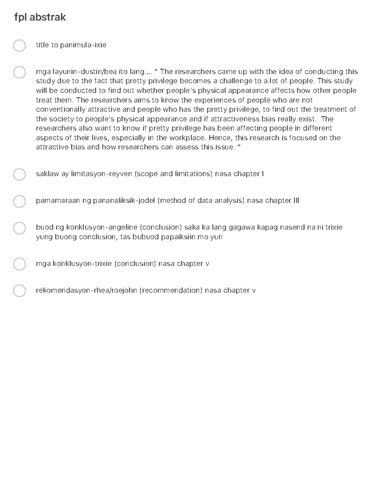 Fpl abstrak - fpl abstrak title to panimula-ixie mga layunin-dustin/bea ...