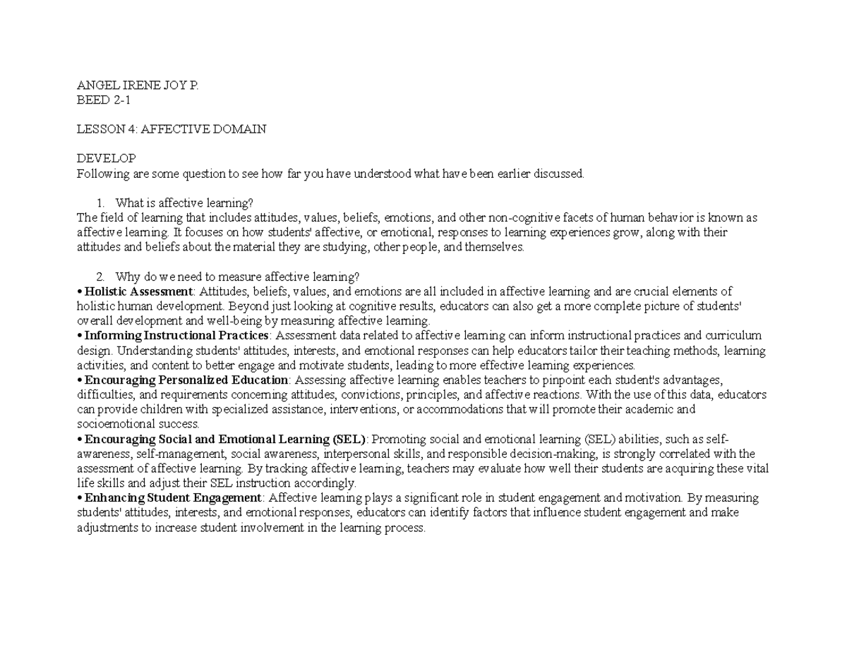 Lesson 4 Affective Domain - ANGEL IRENE JOY P. BEED 2- LESSON 4 ...