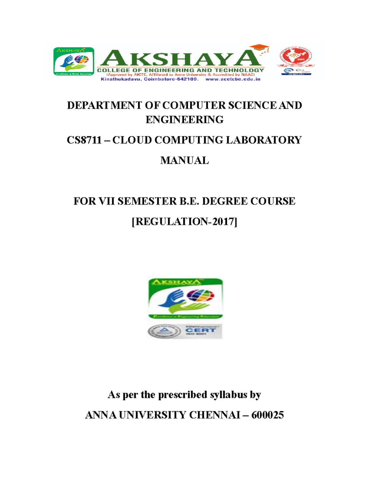 Final assessment - DEPARTMENT OF COMPUTER SCIENCE AND ENGINEERING CS8711 – CLOUD COMPUTING - Studocu