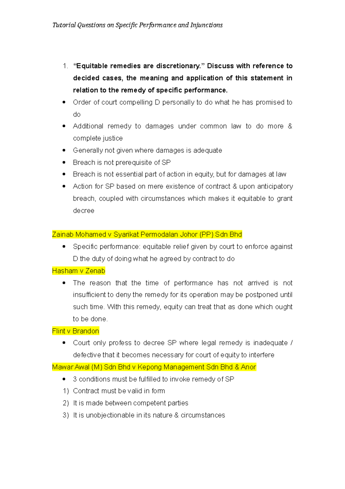 Tutorial Specific Performance - “Equitable remedies are discretionary ...