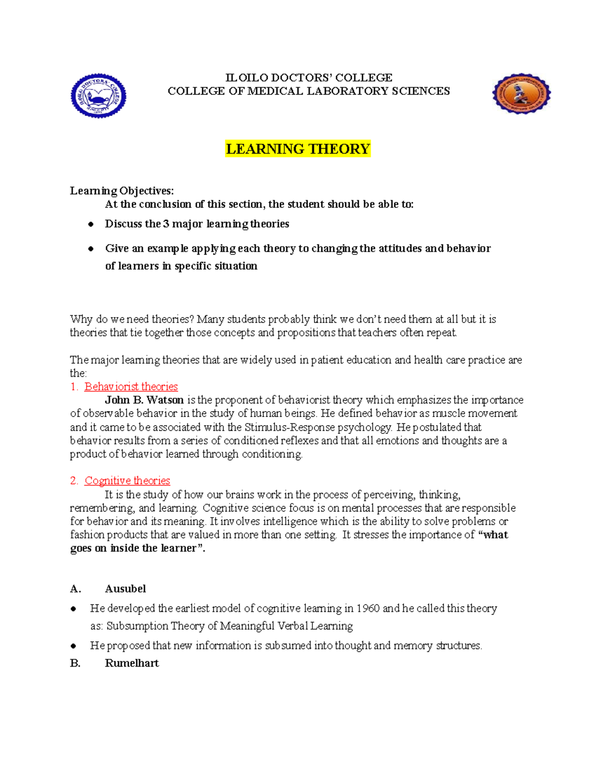 Module 3 Learning Theory - ILOILO DOCTORS’ COLLEGE COLLEGE OF MEDICAL ...