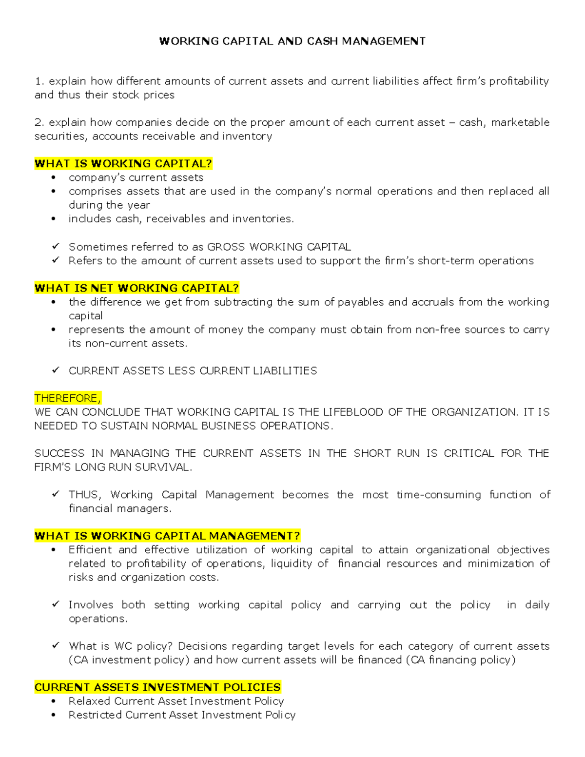 WC - Notes - WORKING CAPITAL AND CASH MANAGEMENT explain how different ...