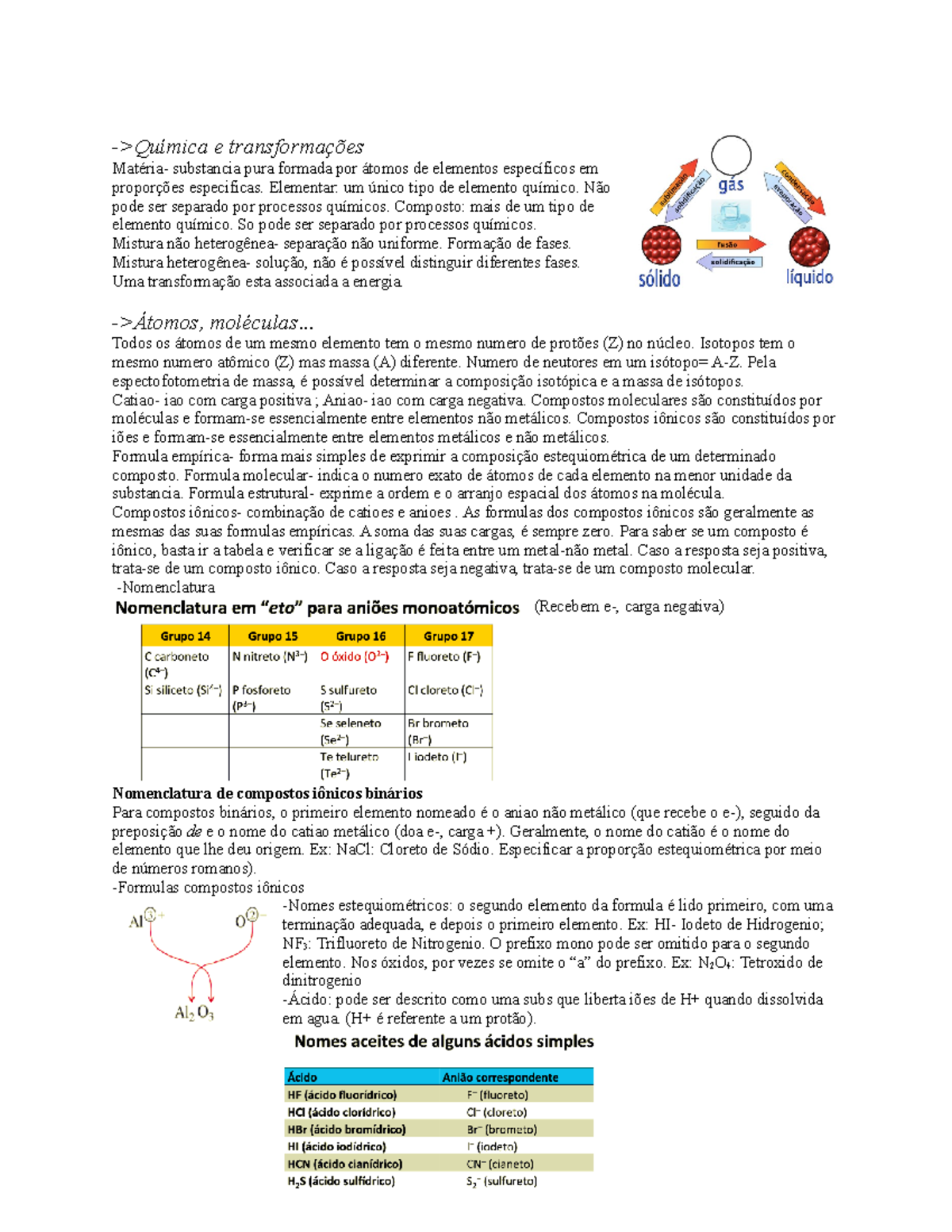 Química I - Resumo quimica ->Química e transformações Matéria ...
