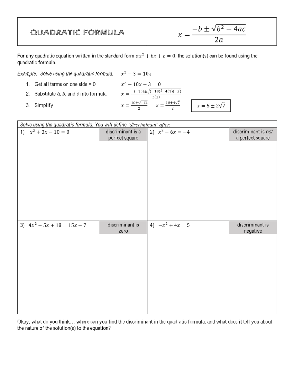 Quiz Review Quadratic Equation and Discriminant - Studocu