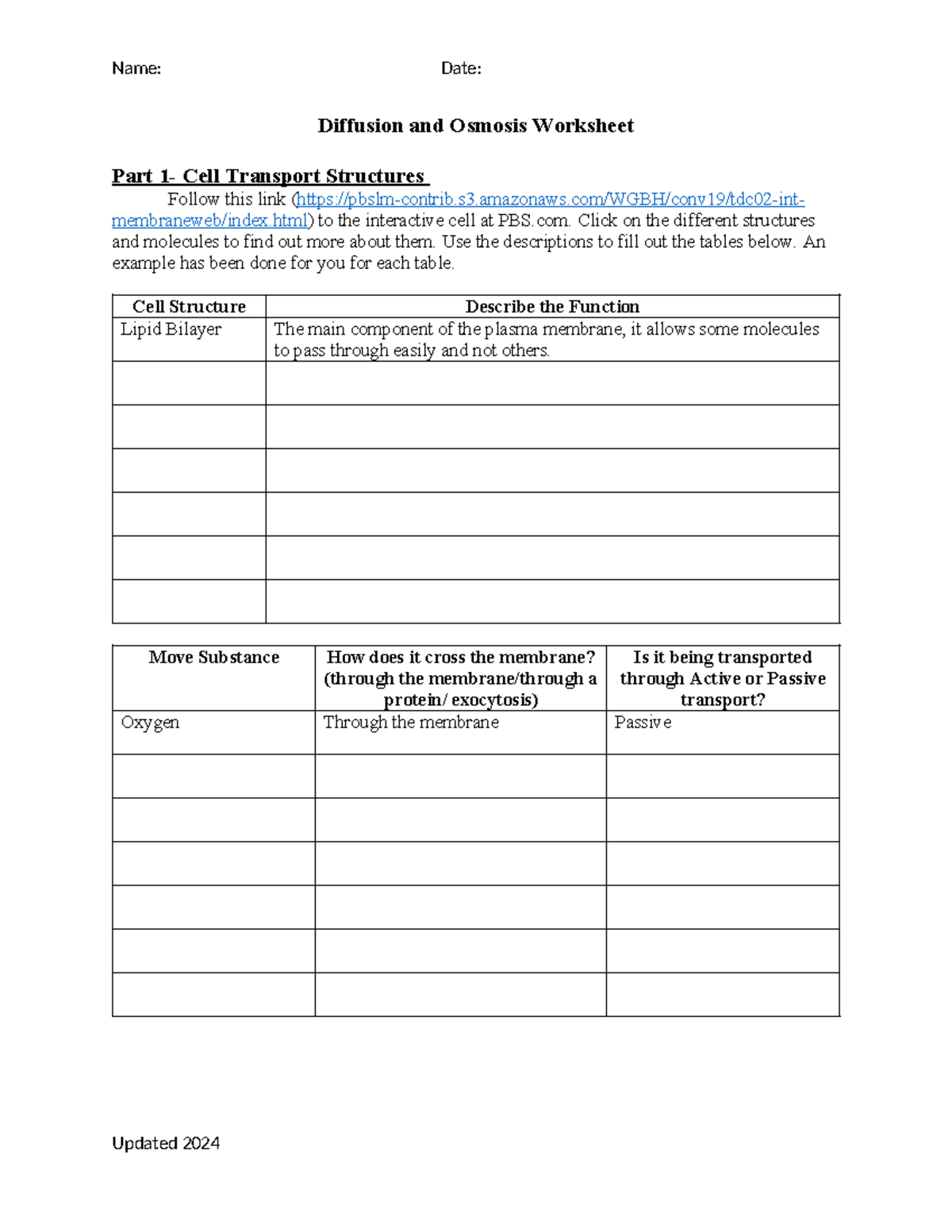 Diffusion and Osmosis worksheet - Name: Date: Diffusion and Osmosis ...
