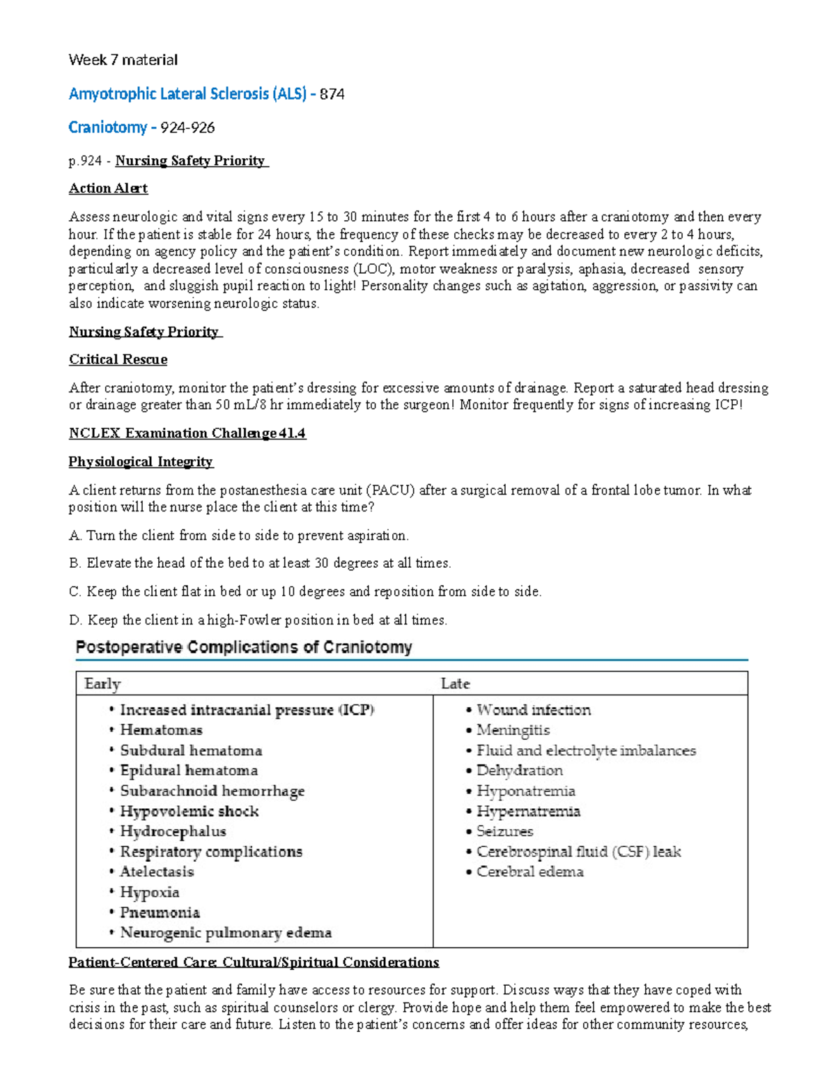 Notes from the notes for the exam - Week 7 material Amyotrophic Lateral ...