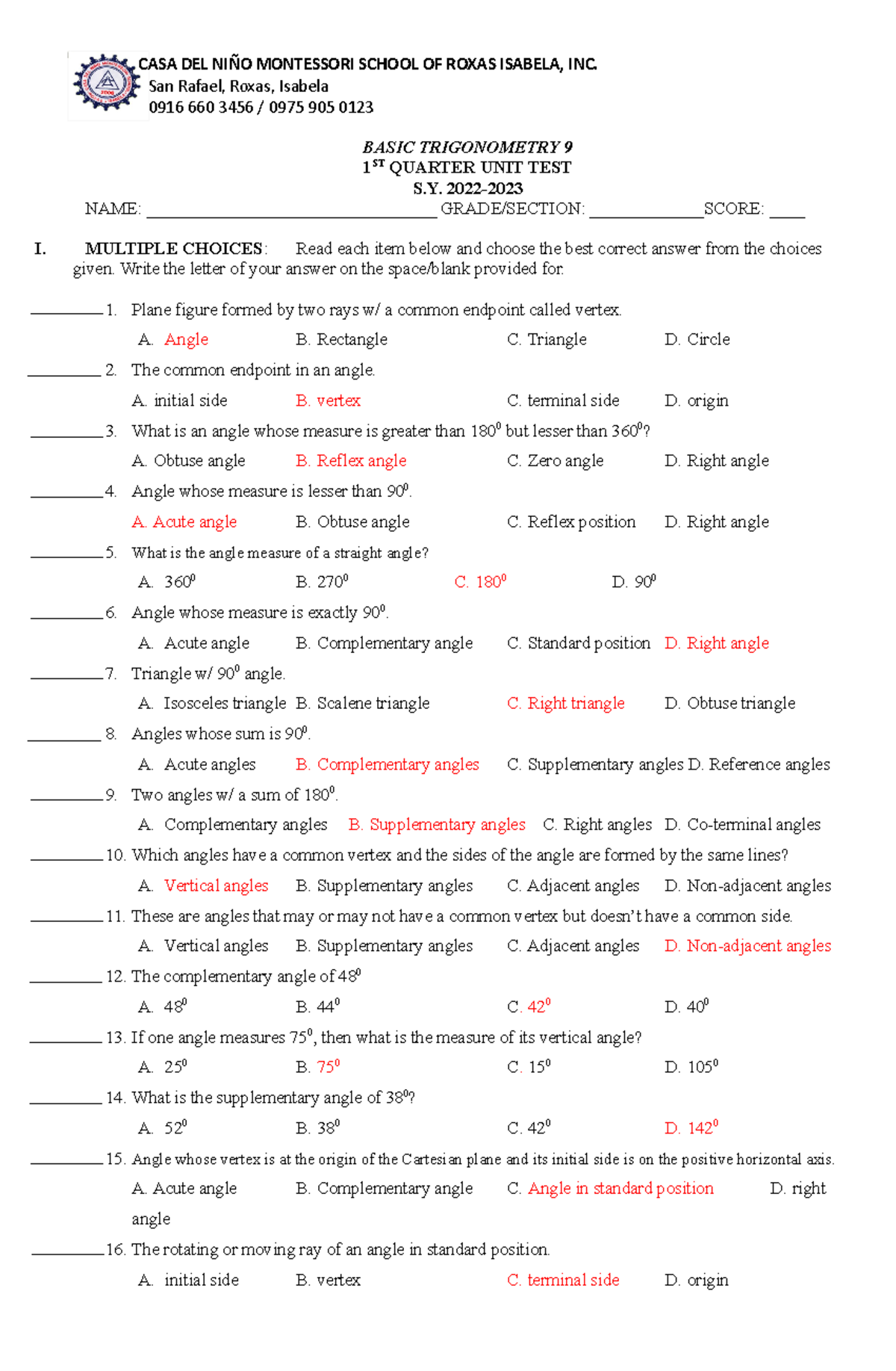 Trigo 9 - 2ND Q. UNIT TEST answer key 2022-2023 - CASA DEL NIÑO ...